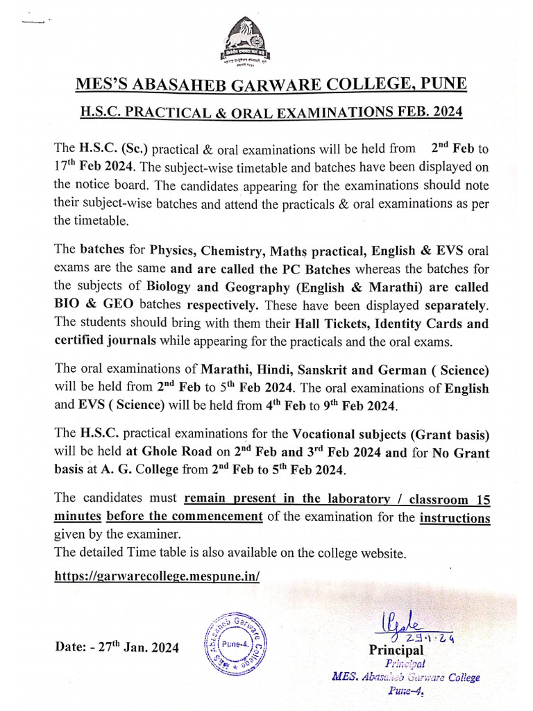 H.S.C. Practical and Oral Examination Feb. 2024time Table Science | PDF
