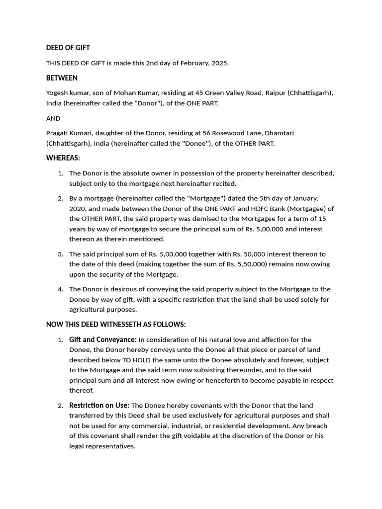 Deed of Gift for Agricultural Land | PDF | Mortgage Law | Covenant (Law)