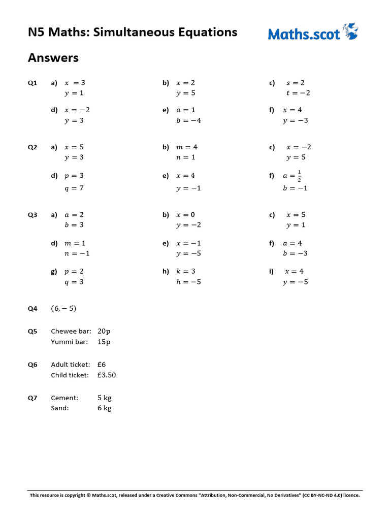 Simultaneous Equations Answers | PDF