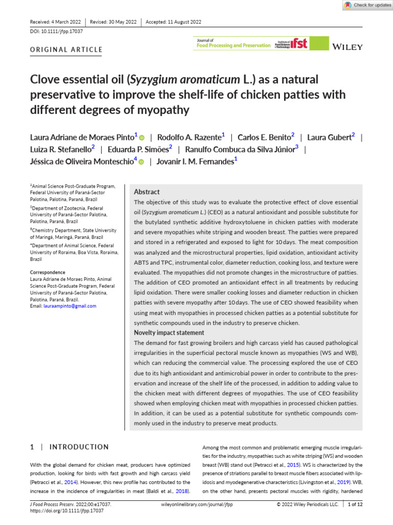 Food Processing Preservation - 2022 - Pinto - Clove essential oil ...