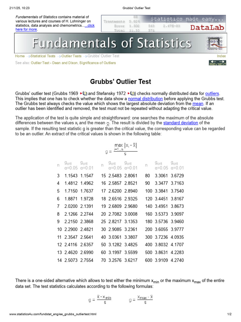 Grubbs' Outlier Test Overview | PDF | Outlier | Normal Distribution
