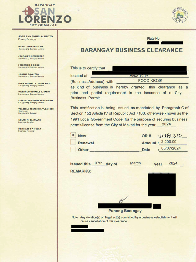 San Lorenxo Barangay Registration - Redacted | PDF