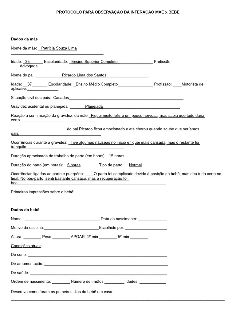 PROTOCOLO PARA OBSERVAÇÃO DA INTERAÇÃO MÃE X BEBÊ | PDF | Período pós ...