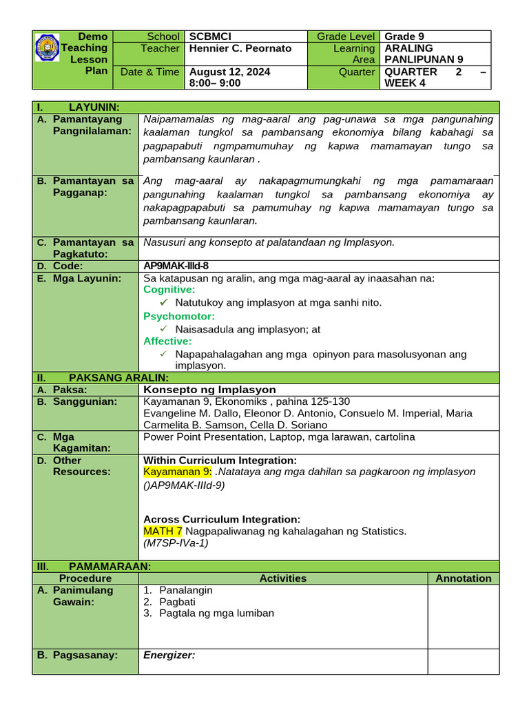 Grade 9 - LP 1 Implasyon | PDF