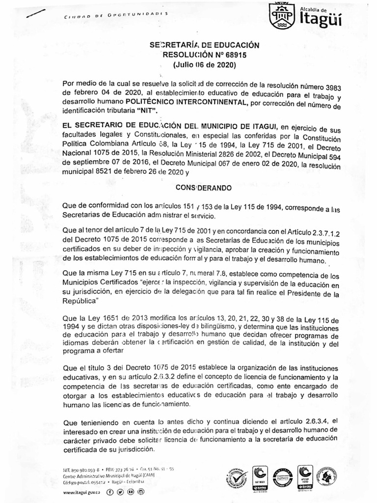 Resolucion 3983 Politecnico Intercontinental Licencia de Funcionamiento ...