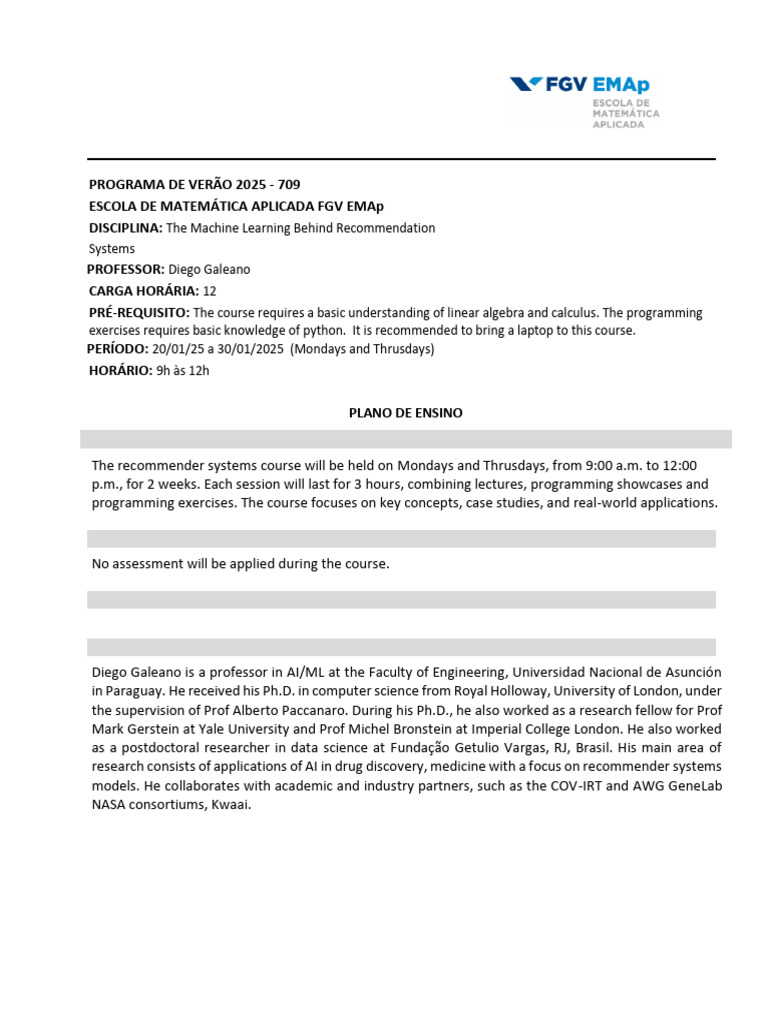 Ementa The Machine Learning Behind Recommendation Systems | PDF