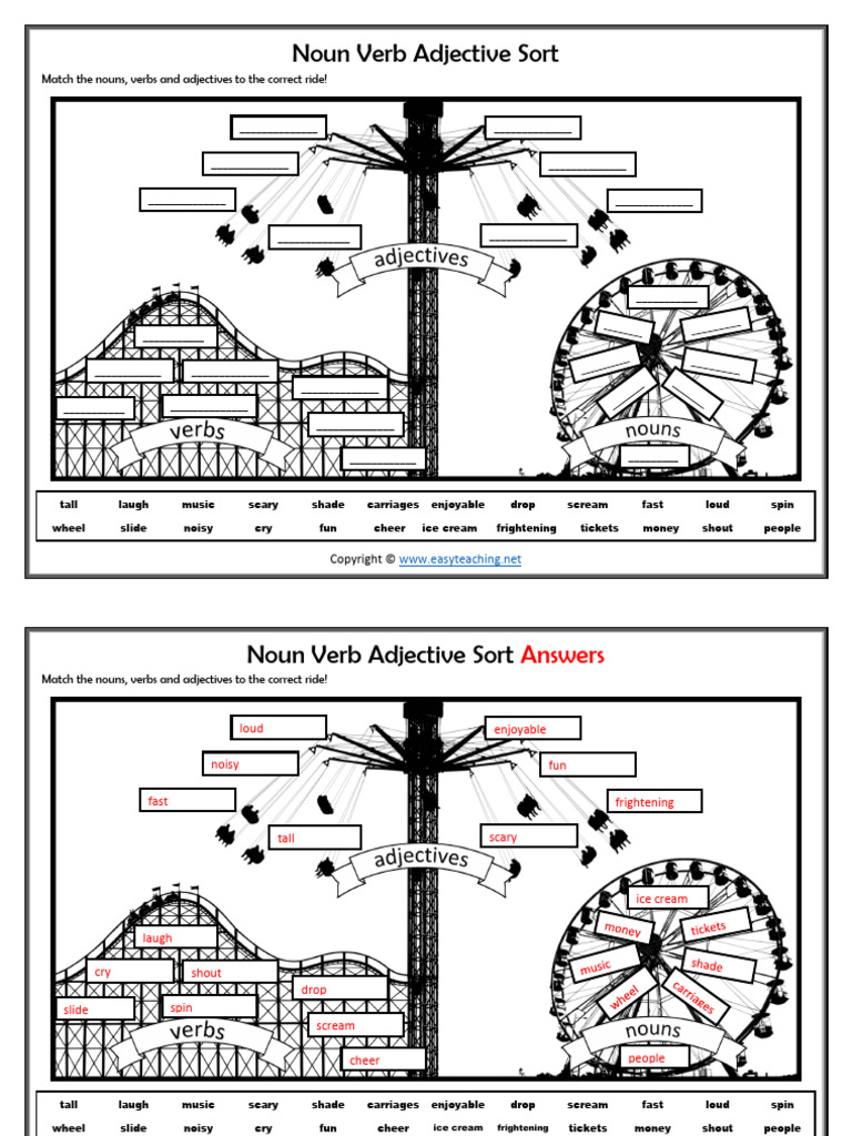 Noun Verb Adjective Sort: Match The Nouns, Verbs and Adjectives To The ...