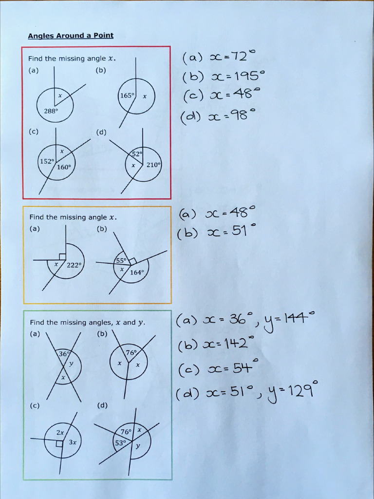 Angles Around a Point Practice Strips Answers | PDF