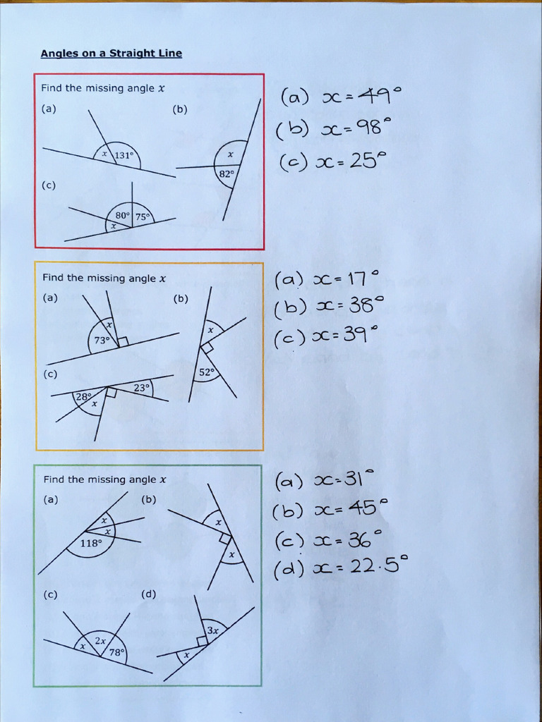 Angles on a Straight Line Practice Strips Answers | PDF