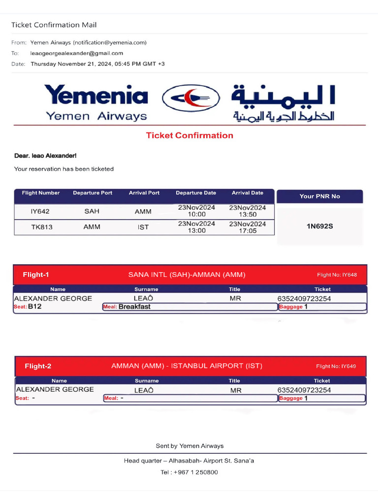 Yemenia Flight Ticket Confirmation | PDF