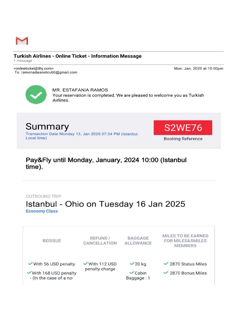 Turkish Flight Ticket Successfully | PDF