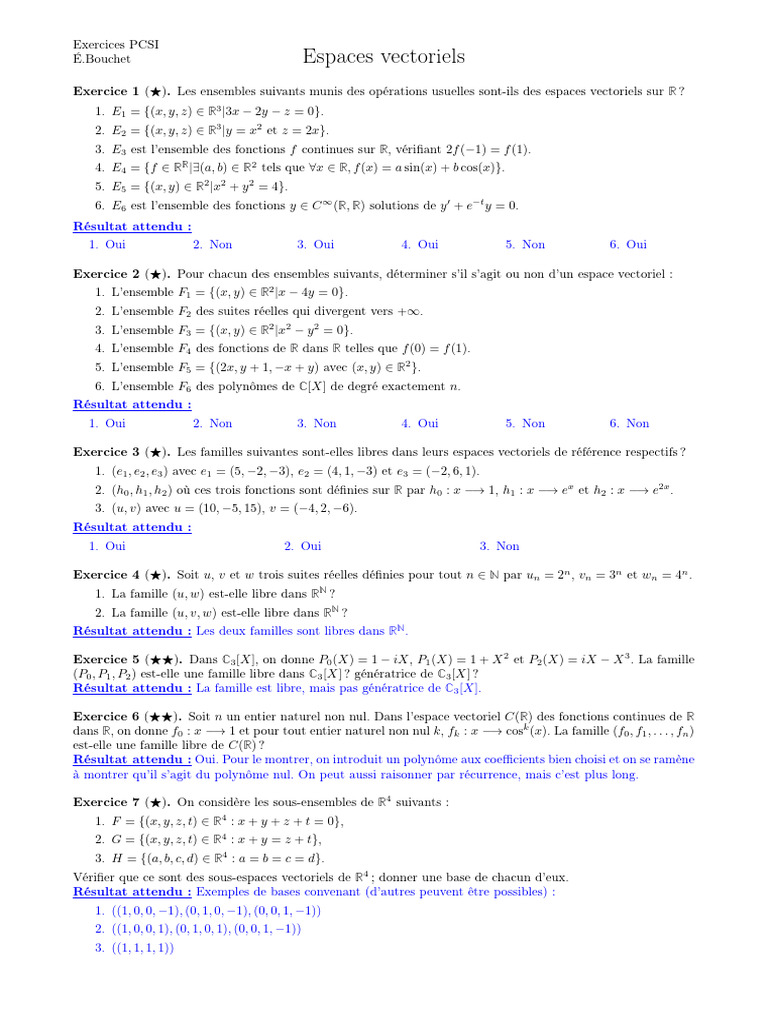 Exercices sur les espaces vectoriels en PCSI | PDF | Inclusion ...