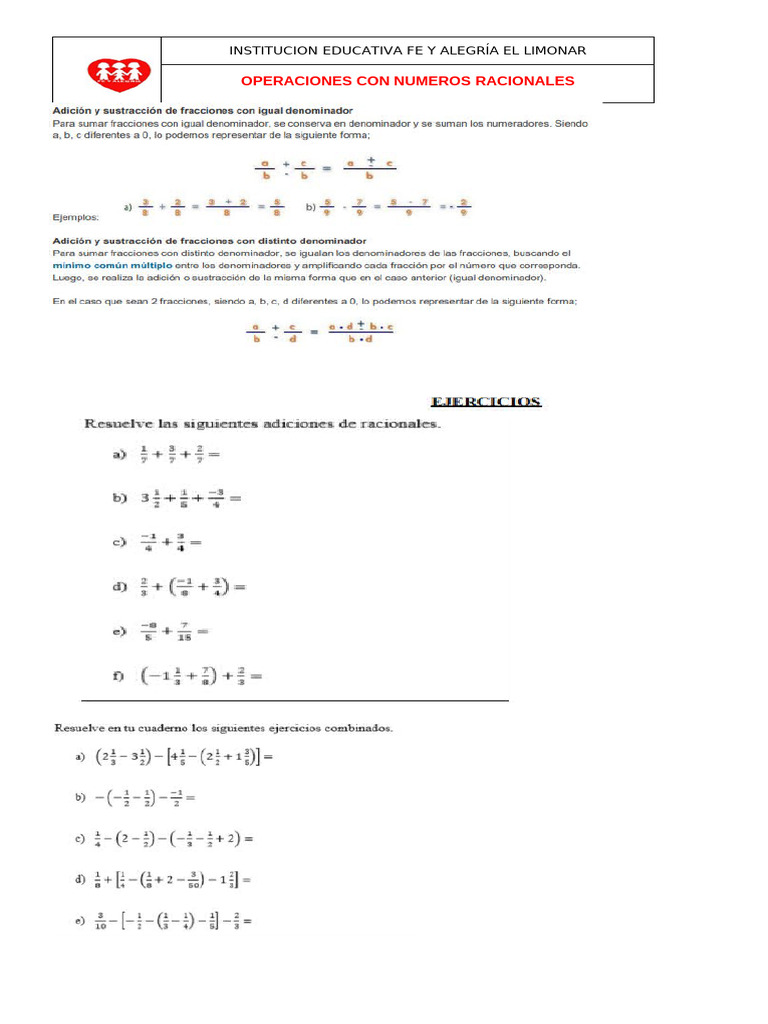 7° Matemáticas OPERACIONES CON RACIONALES | PDF
