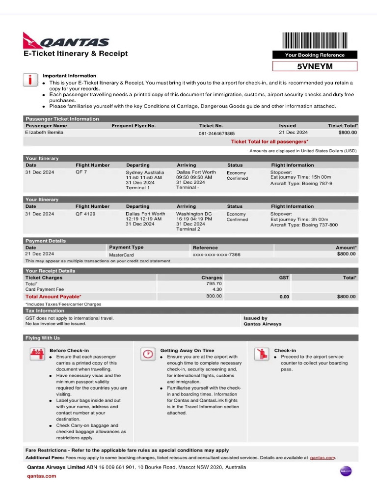 Qantas Flight Ticket Confirmation | PDF