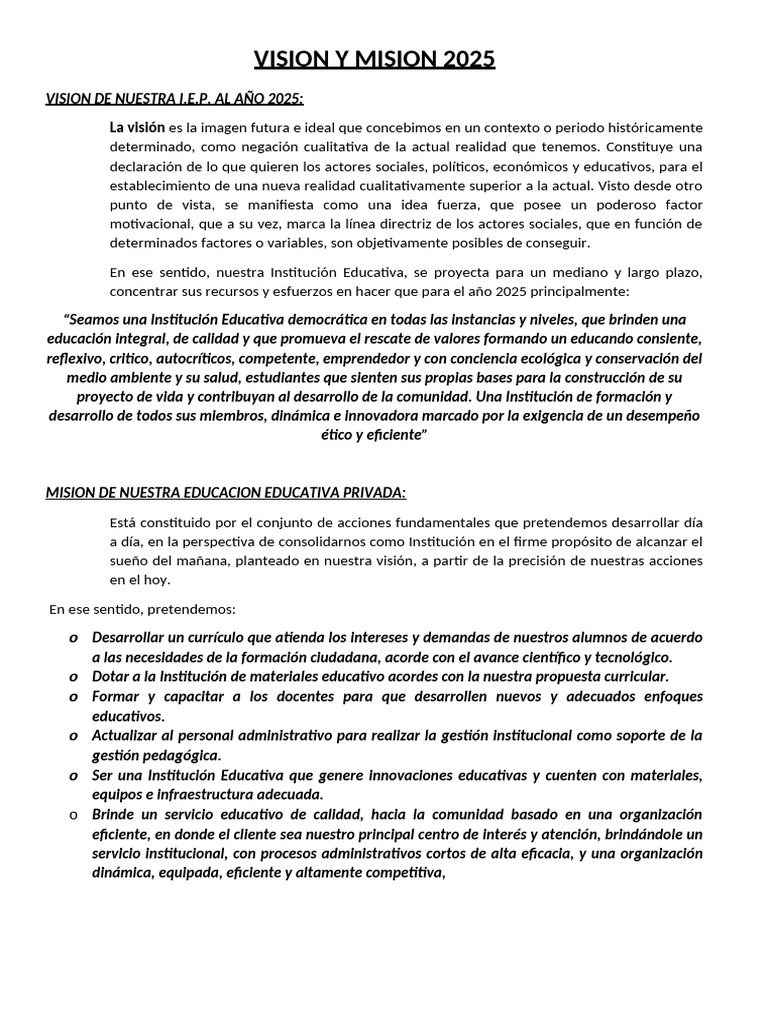 Visión y Misión 2025: Educación Integral y Democrática | PDF ...