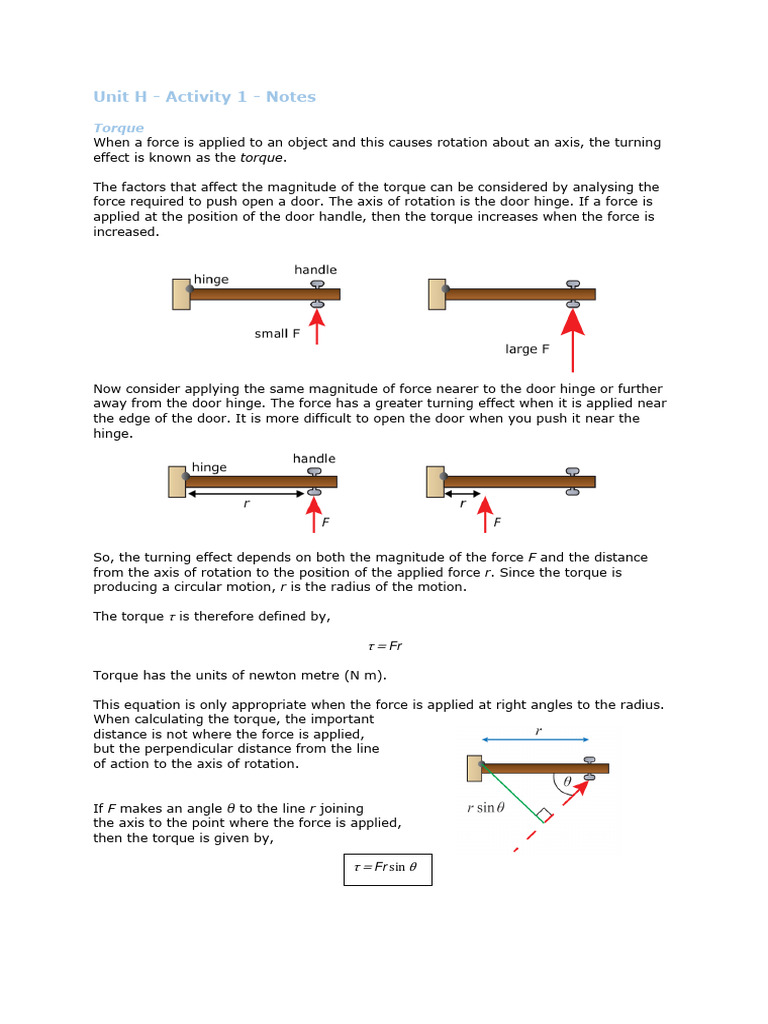Unit H - Activity 1 - Notes | PDF | Torque | Force
