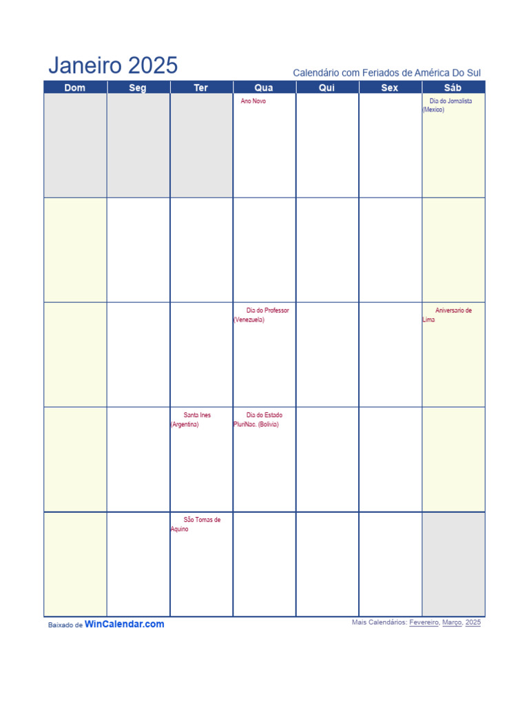 Calendário de Janeiro 2025 com Feriados | PDF