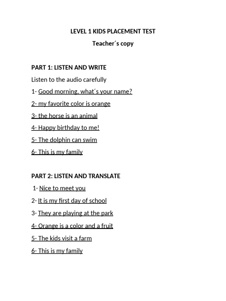 LEVEL 1 KIDS PLACEMENT TEST Teachers | PDF