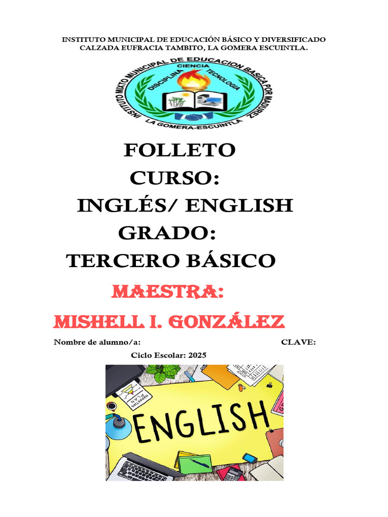 Folleto de Ingles 2025 Tercero Basico Mishell | PDF | Comunicación humana | Lingüística