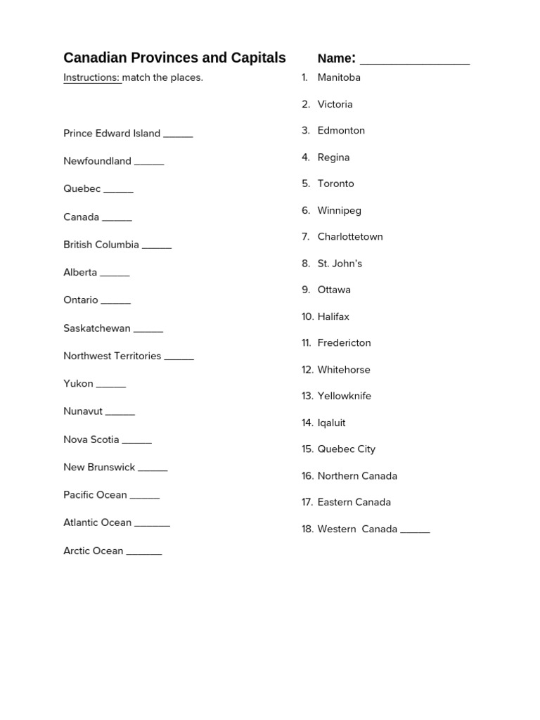 Provinces, Capitals and Oceans of Canada | PDF