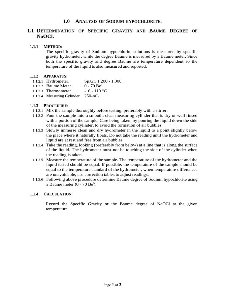 Sodium Hypochlorite Specific Gravity Analysis | PDF | Titration | Chemistry