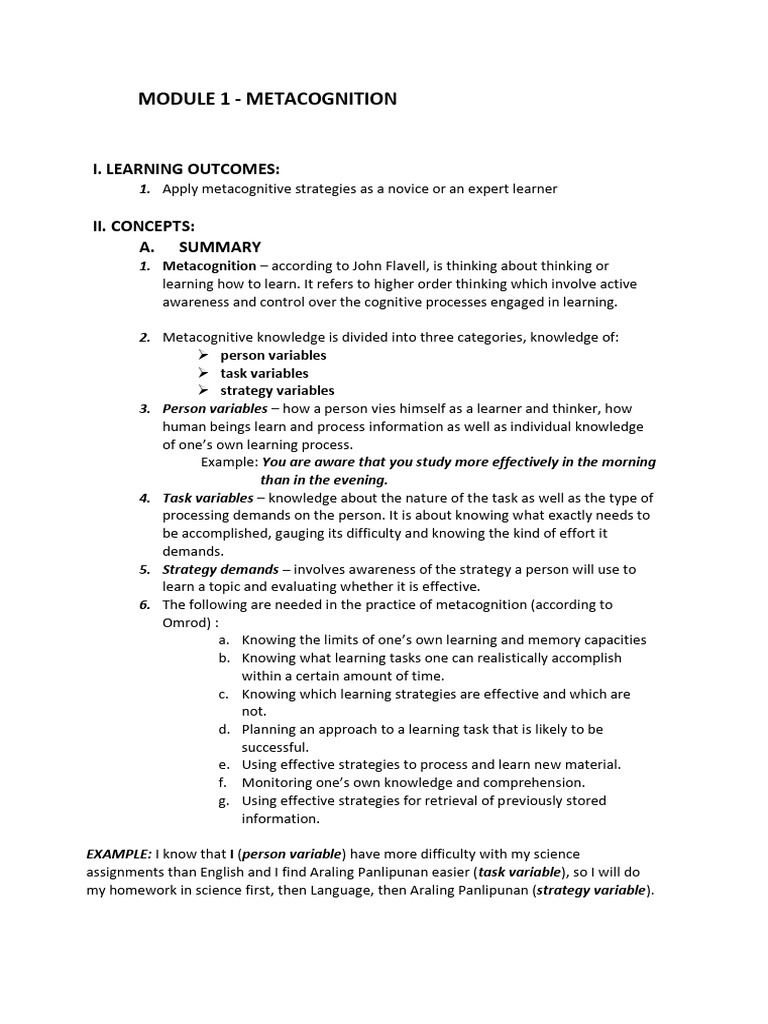 Module 1 - Metacognition | PDF | Metacognition | Learning