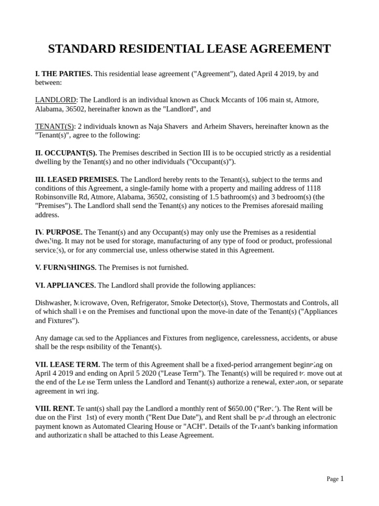 Alabama Residential Lease Agreement | PDF | Leasehold Estate | Lease