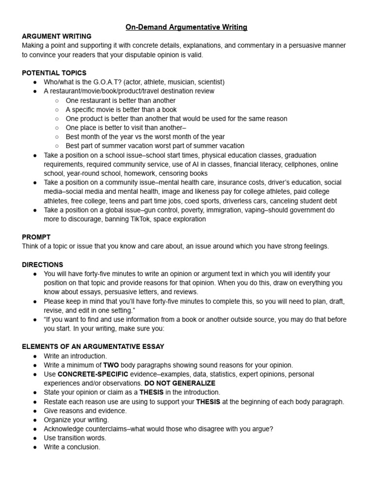 Argumentative On-Demand Writing - Prompt Explanation | PDF | Essays ...