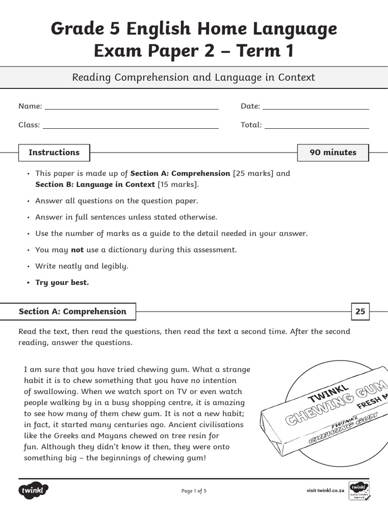 Za HL 1710574900 Grade 5 English Home Language Test Paper 2 Term 1 ...