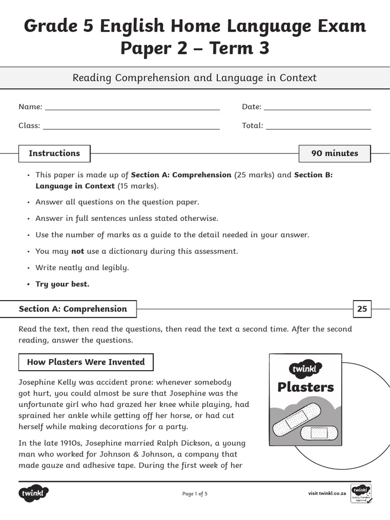 Za HL 1694435179 Grade 5 English Home Language Exam Paper 2 Term 3 ...