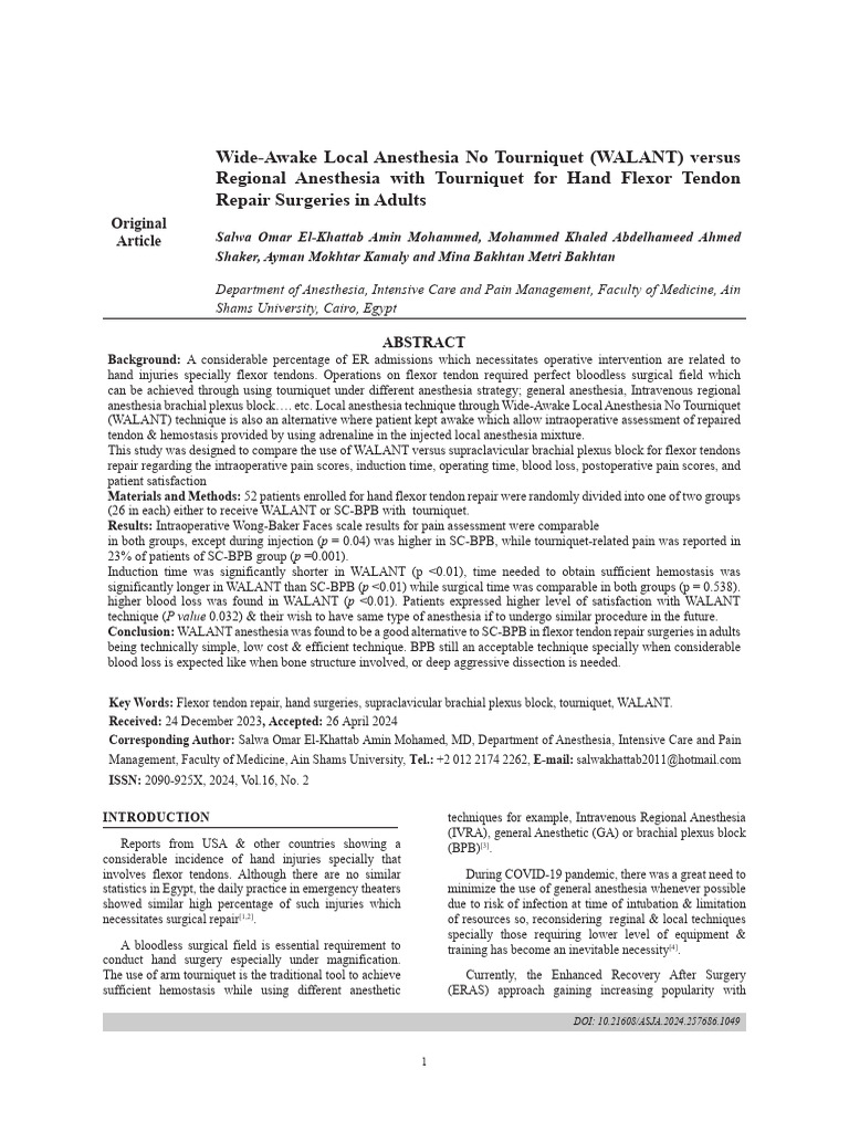 Wide-Awake Local Anesthesia No Tourniquet (WALANT) Versus | PDF ...