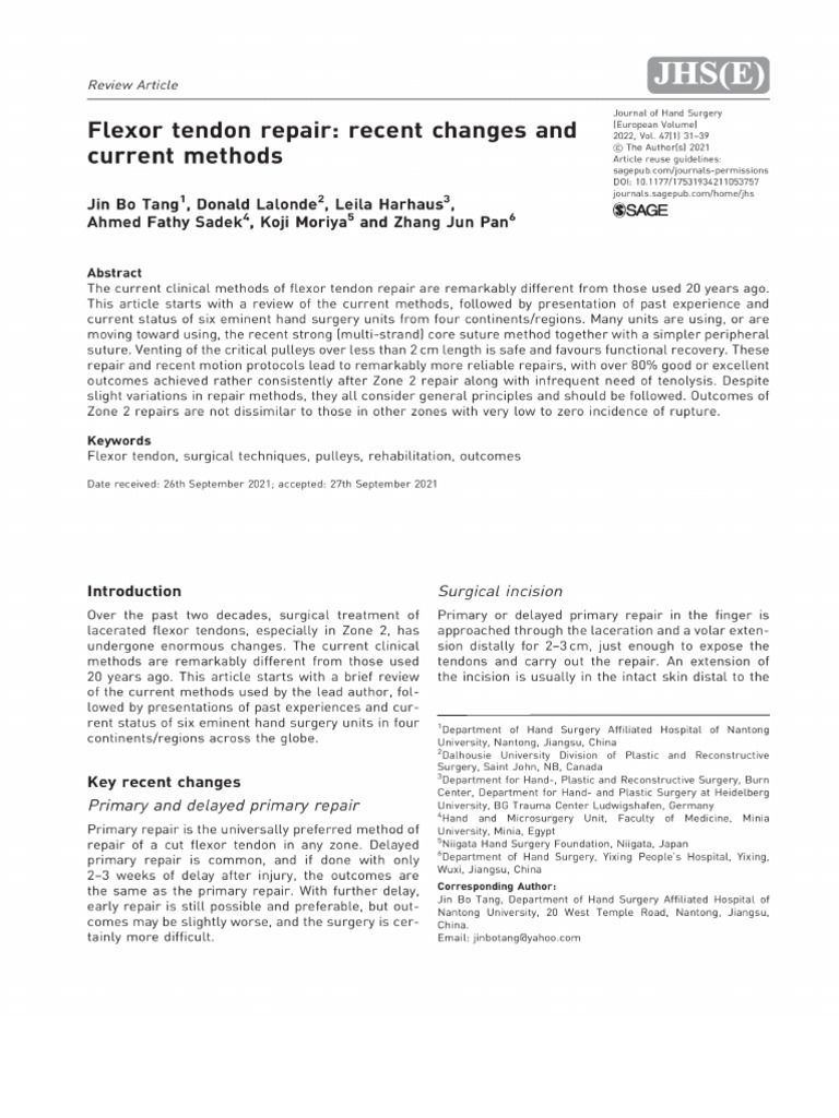 Flexor Tendon Repair - Recent Changes and Current Methods | PDF