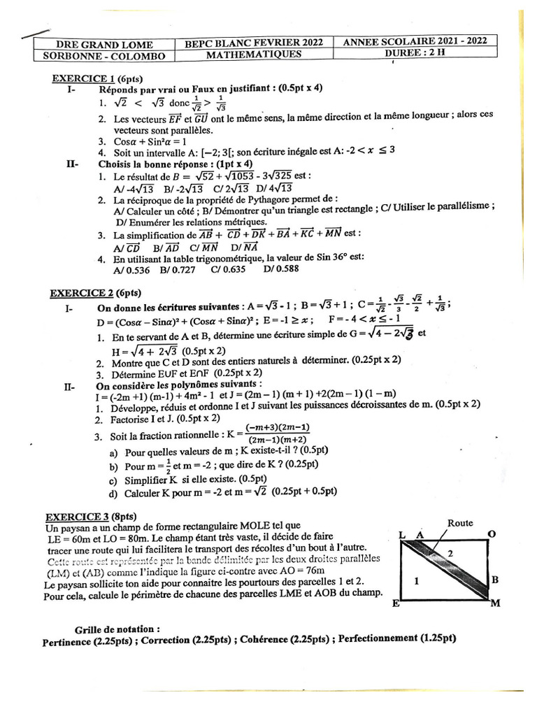 BEPC BLANC, MATHS | PDF
