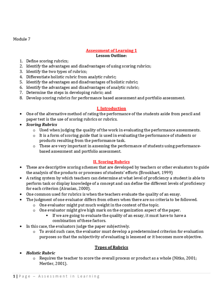 Module 7: Assessment of Learning Outcome - Outline | PDF | Educational ...