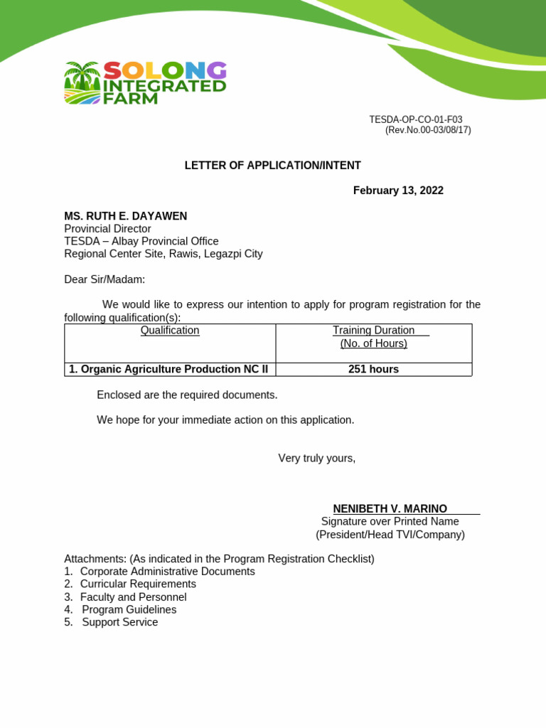 TESDA-OP-CO-01-F03 - Letter of Application | PDF