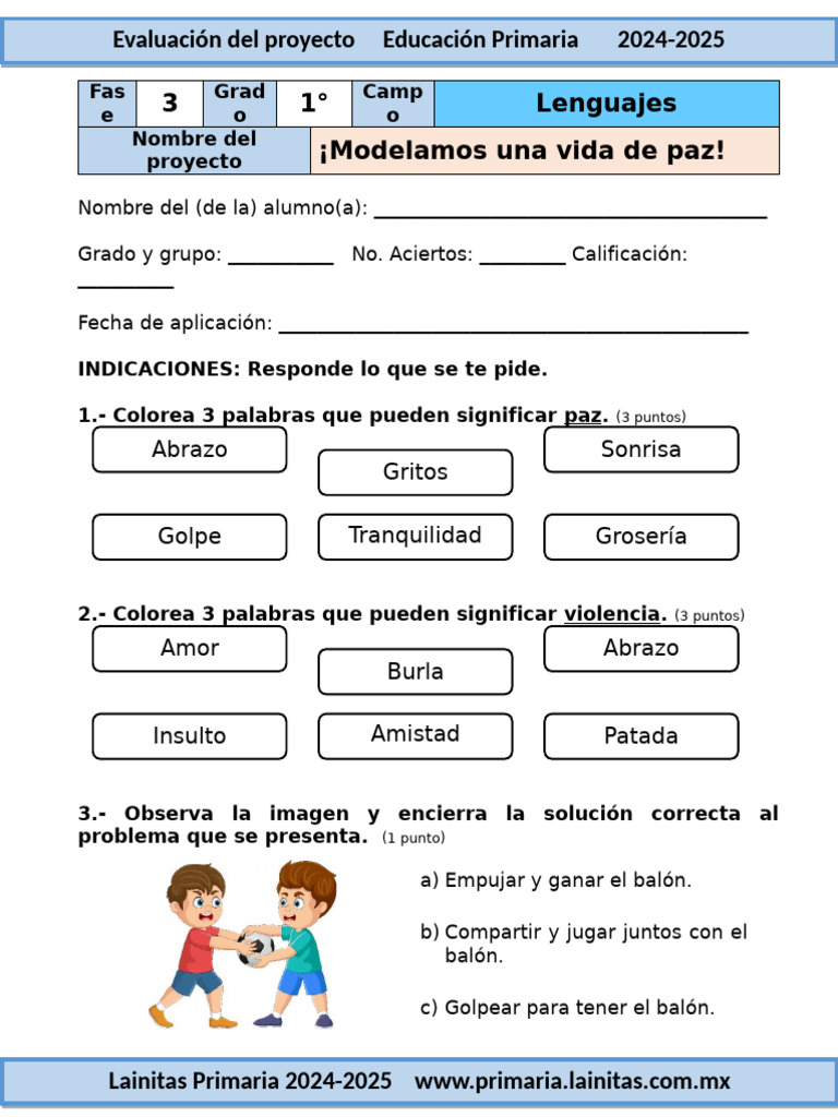 1er Grado Enero - Examen 01 Modelamos Una Vida de Paz (2024-2025) | PDF