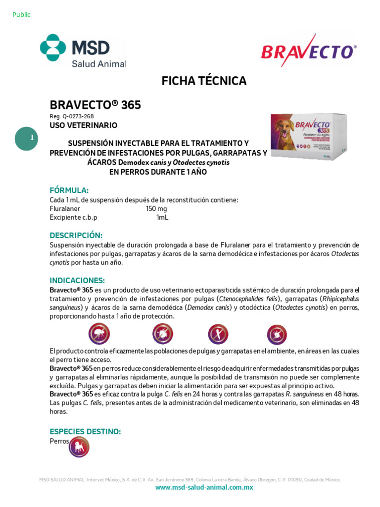 Ficha Técnica de Bravecto® 365 | PDF | Medicamentos con receta | Perros