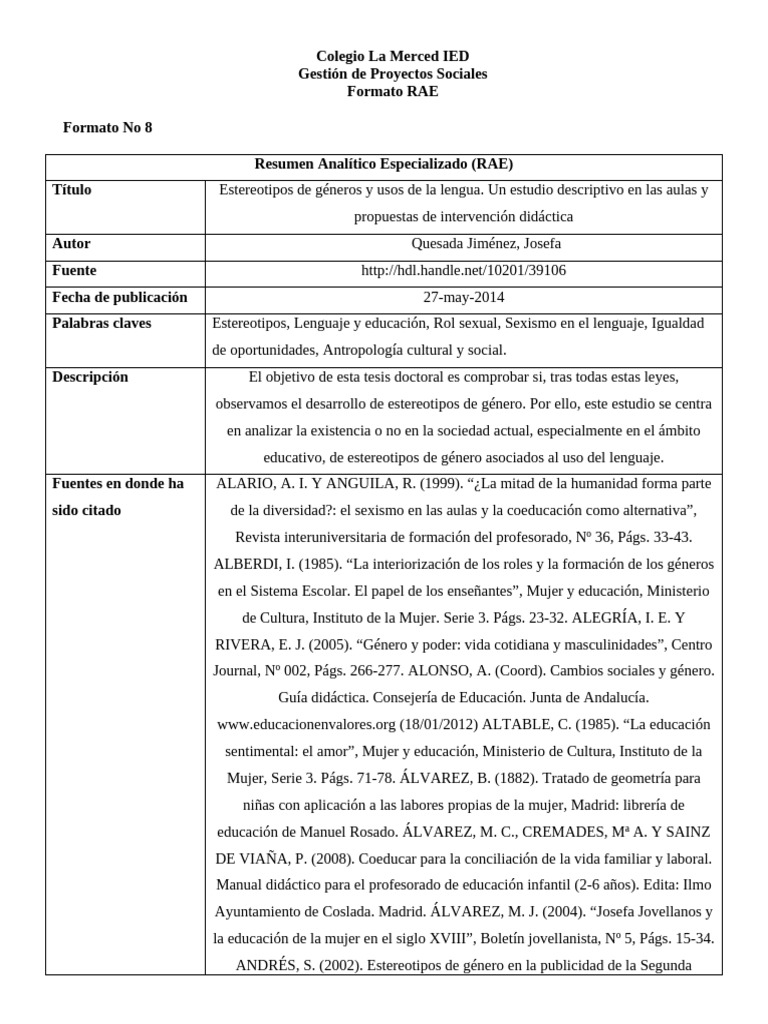 FORMATO RAE #8 | PDF | Mujer | Estereotipos
