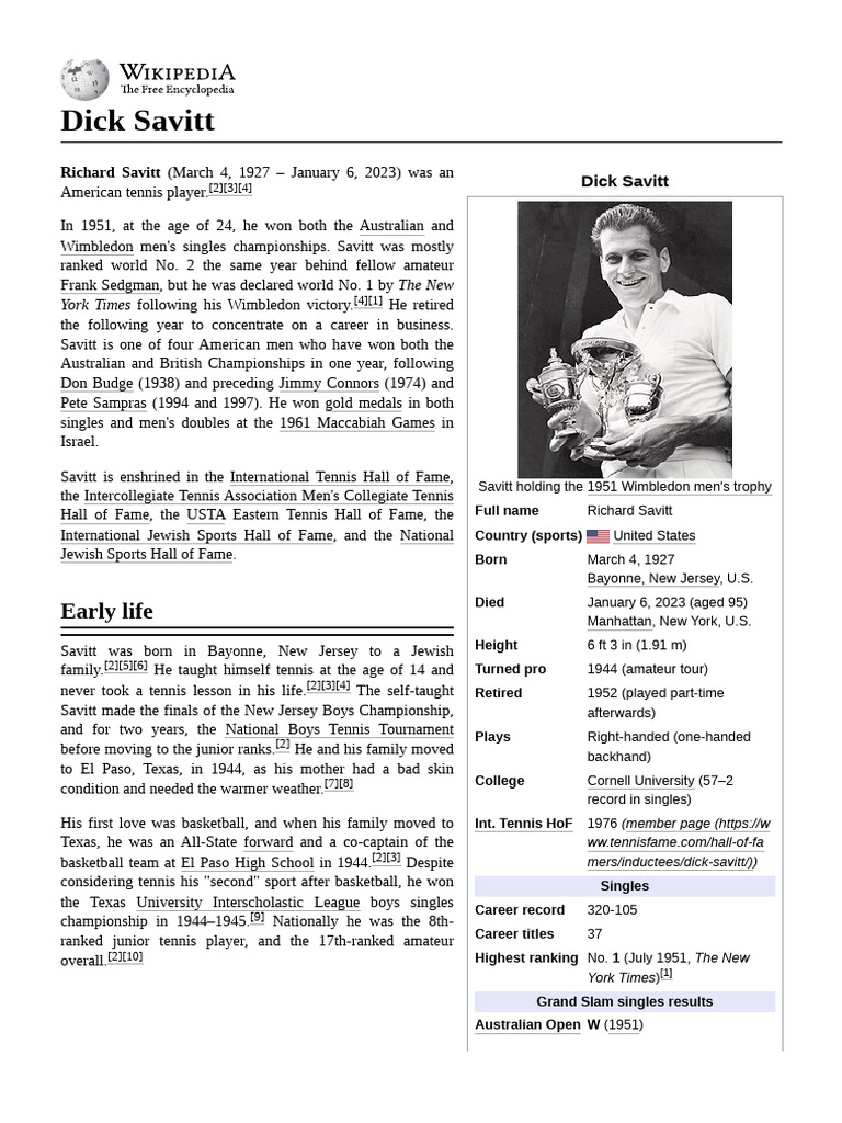 Tennis Legend: Dick Savitt's Legacy | PDF | Grand Slam (Tennis ...