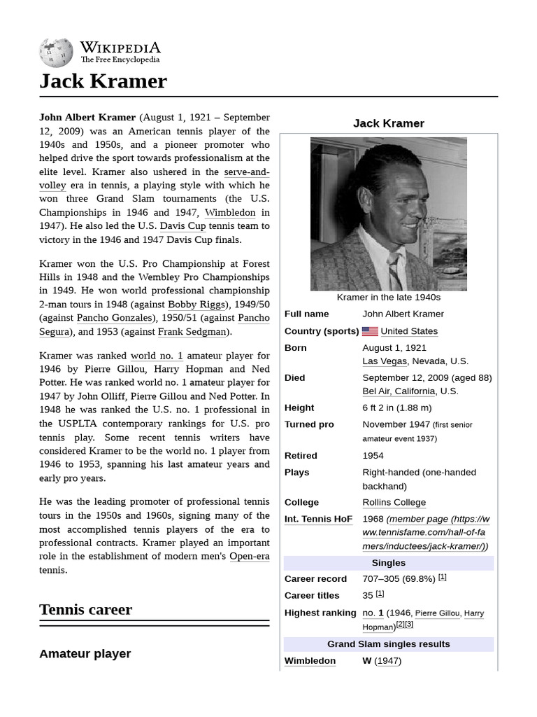 Jack_Kramer | PDF | Grand Slam (Tennis) Tournament Champions | Grand Slam (Tennis) Tournaments