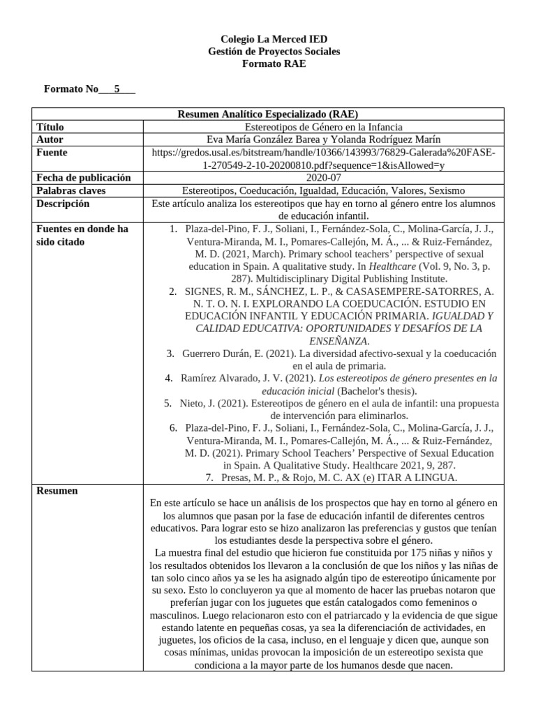 Formato RAE #5 | PDF | Sexismo | Educación de la primera infancia