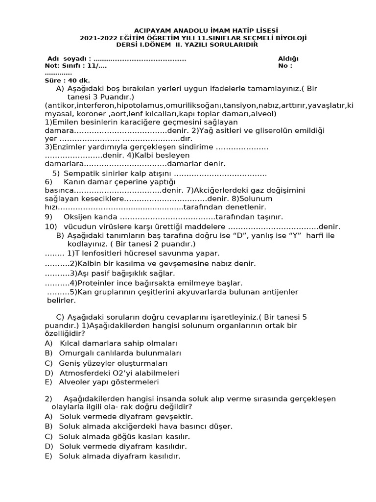 Biyo-2021-20221sinifyazilisi1donem2 2 | PDF