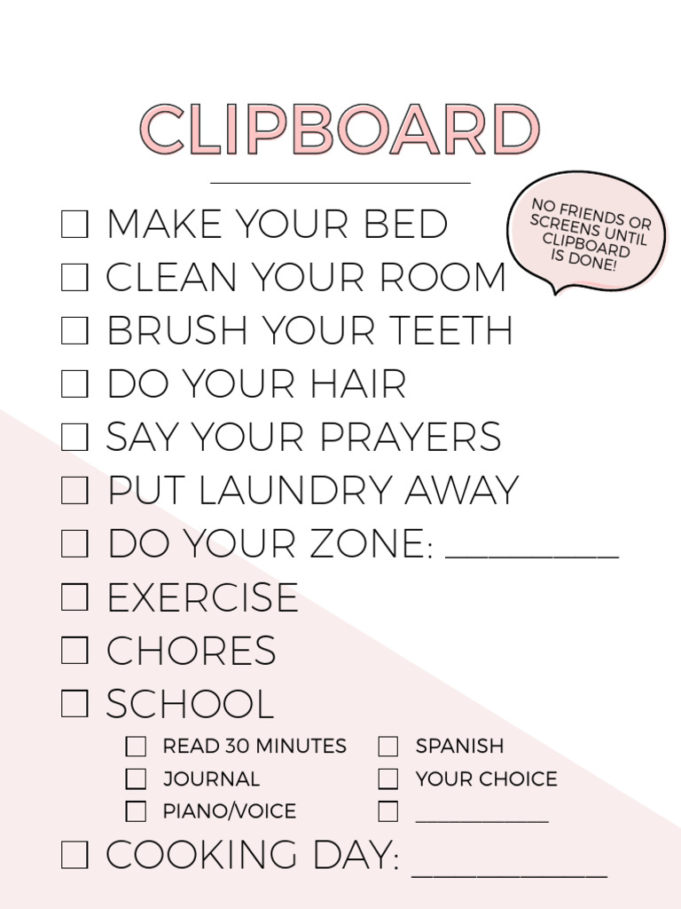 Clipboard Checklists For Kids Pink Editable | PDF