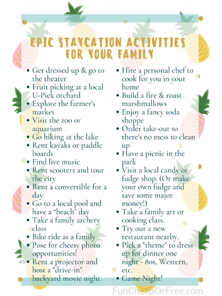 Family Staycation List of Activity Ideas Fun Cheap or Free | PDF