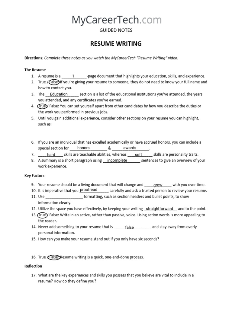 Resume Writing Guided Notes | PDF | Résumé