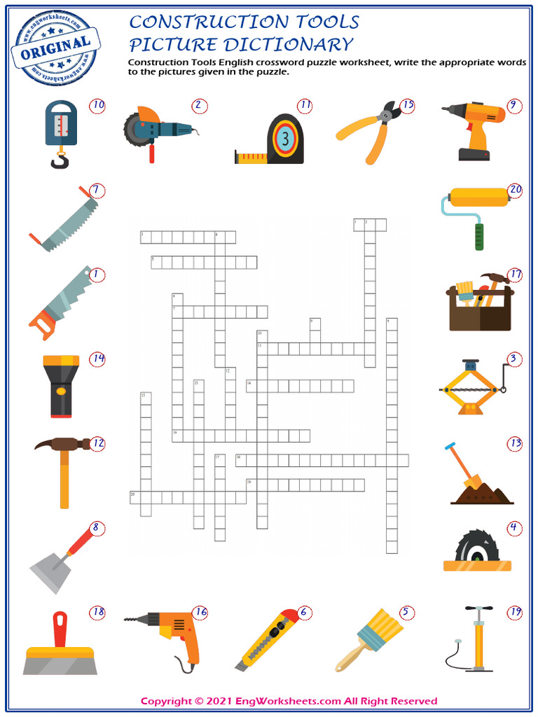 Construction Tools English Crossword Puzzle Worksheet Write The ...