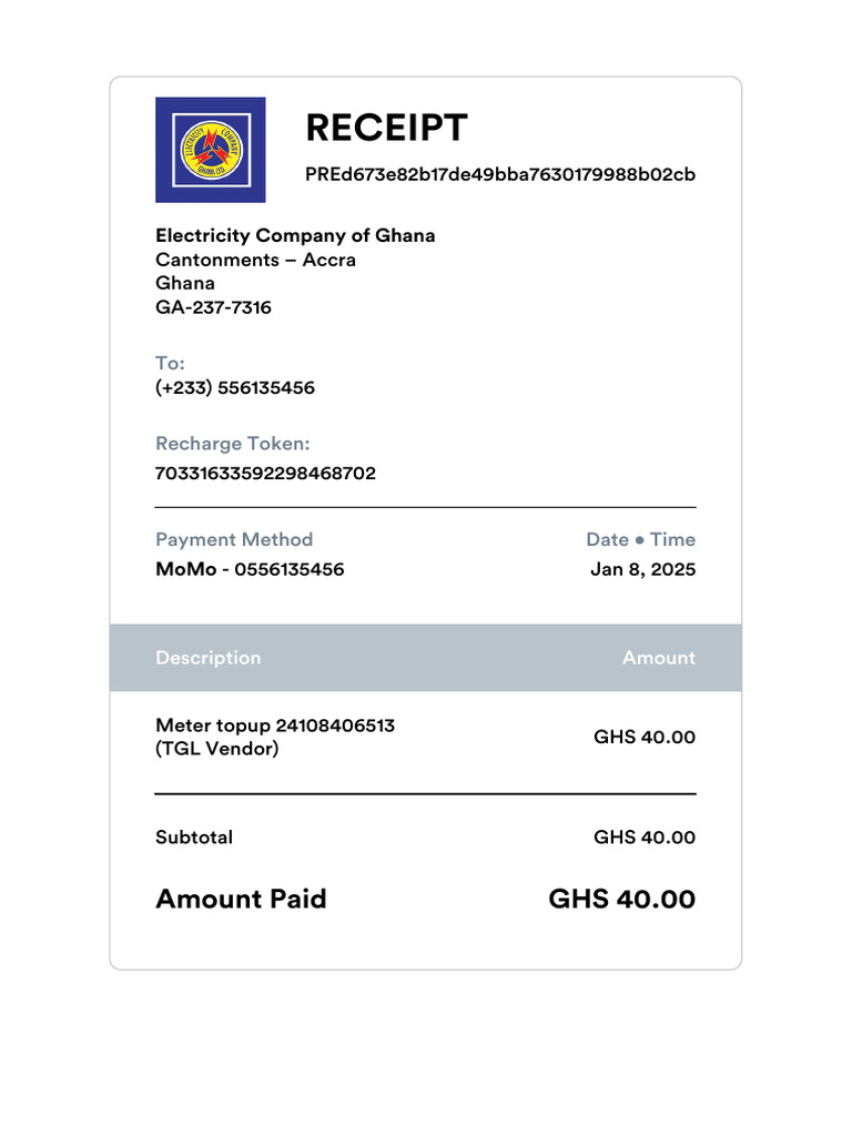 Ghana Electricity Payment Receipt | PDF
