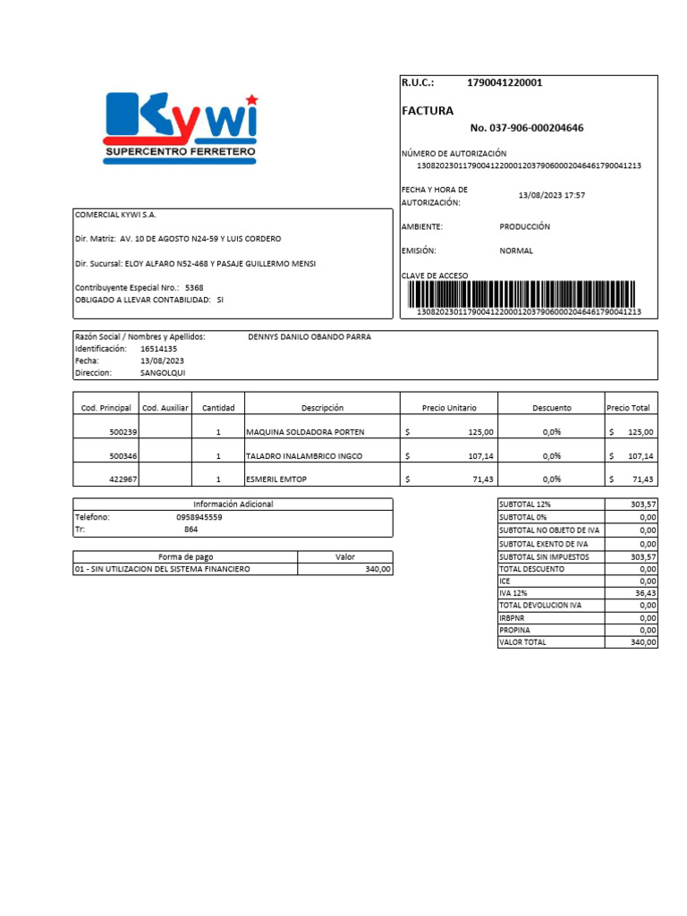 Factura Kiwi | PDF | Impuestos | Pagos