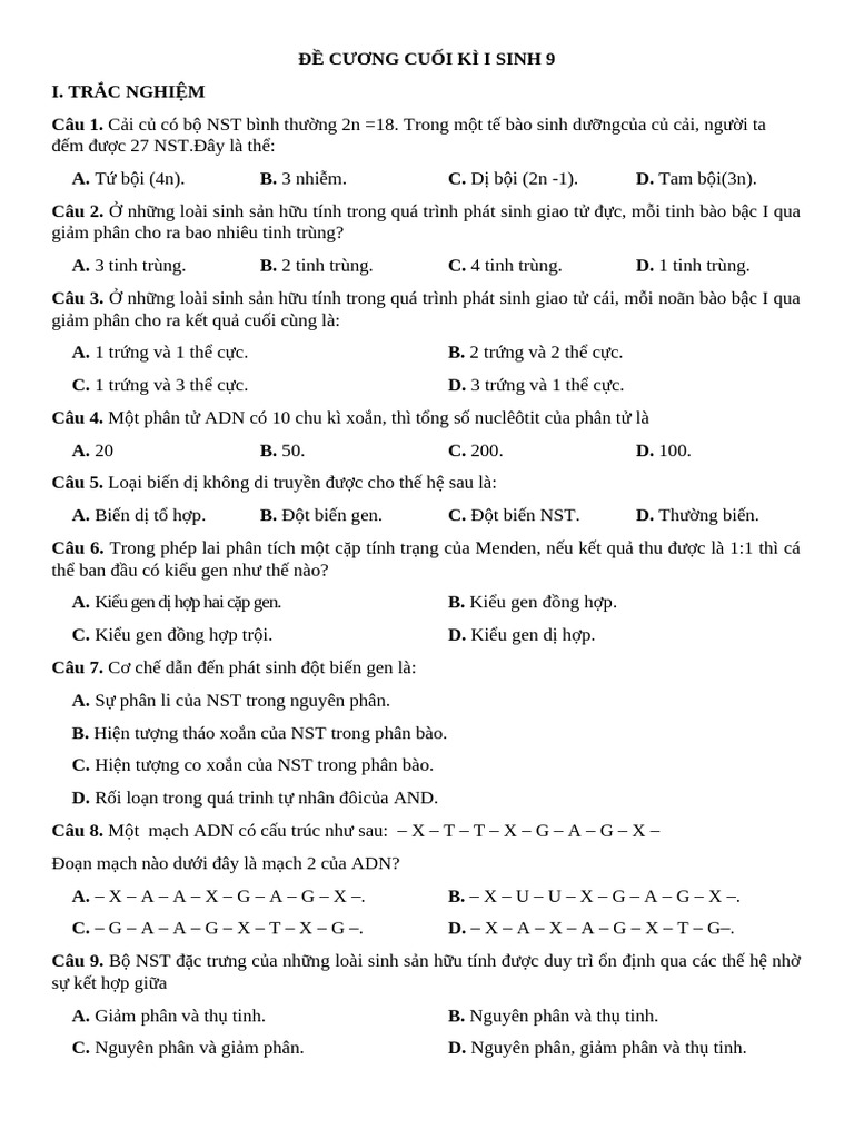 CKI ĐỀ CƯƠNG CUỐI KÌ I SINH 9 22 23 | PDF
