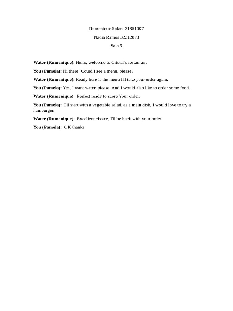 Restaurant Ordering Dialogue Pdf